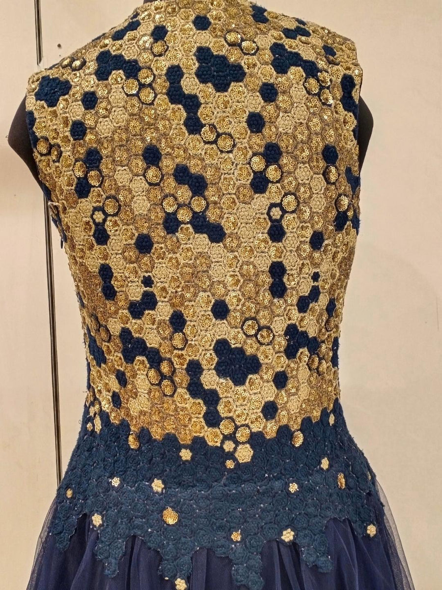 Navy Blue Golden Work Embellished Long Flared Net Gown Dress – Chhabra 555