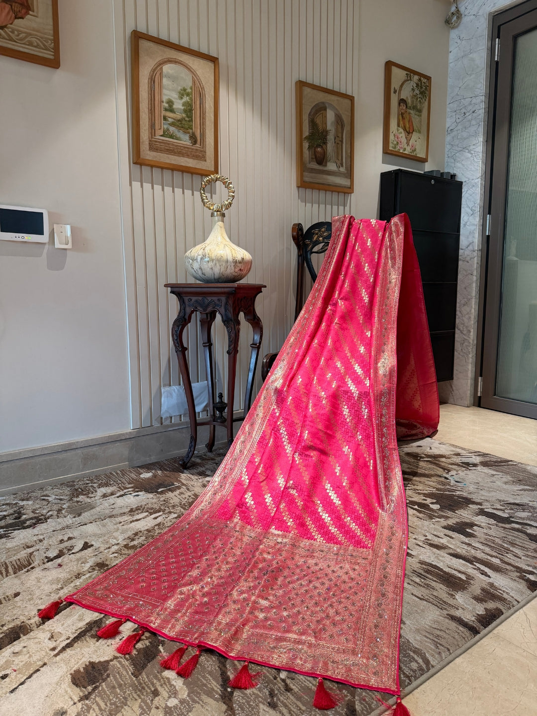 Rani Pink Saree with All-Over Zari Checks, Heavy Woven Pallu & Tassel ...