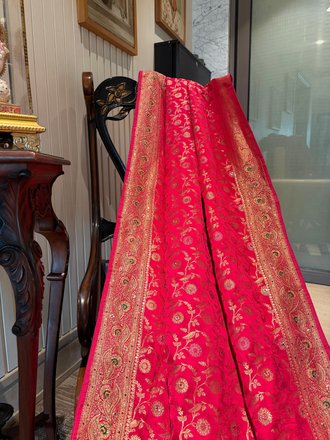 Rani Red Heavy Zari Floral Saree with Embellished Paisley Border & Gra ...