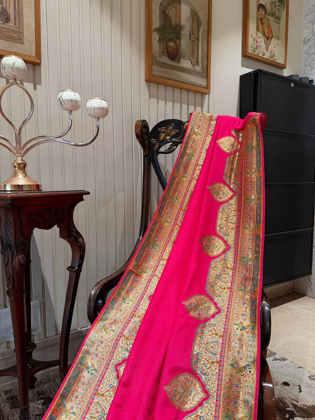 Rani Pink Kashmiri Woven Saree with Temple Buta Border and Rich Story ...