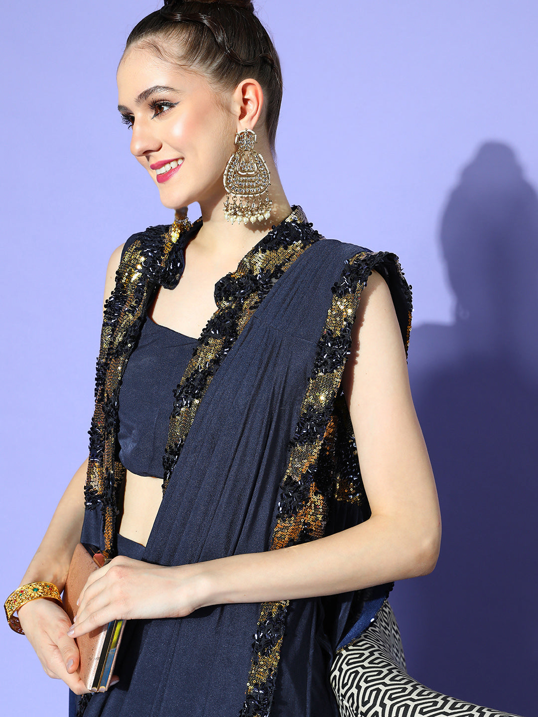JCSI3671 Pre Stitched Draped Navy Blue Ruffles Lycra Saree With ...
