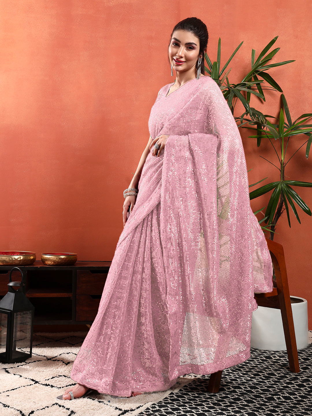 Cocktail Bling Flowy Embellished Saree with Allover Sequin Embroidery ...