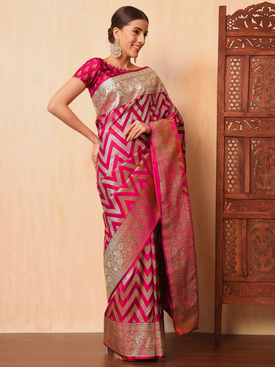 XYXM9201 Rani Pink Kanjeevaram Banarasi Silk Handwoven Saree with ...