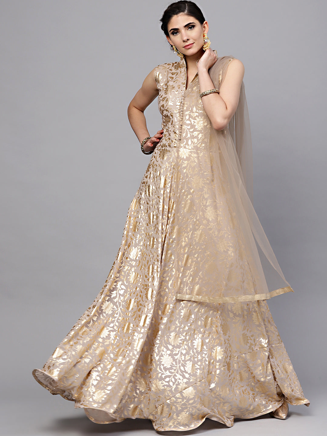HNNK2903 Flared Gown with Self-pattern Floral Foil Print – Chhabra 555