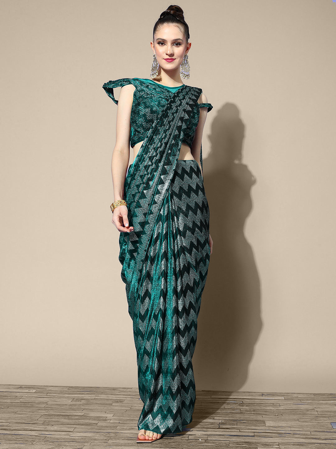 Green Metallic Bling Draped Saree With Bold Chevron Print – Chhabra 555