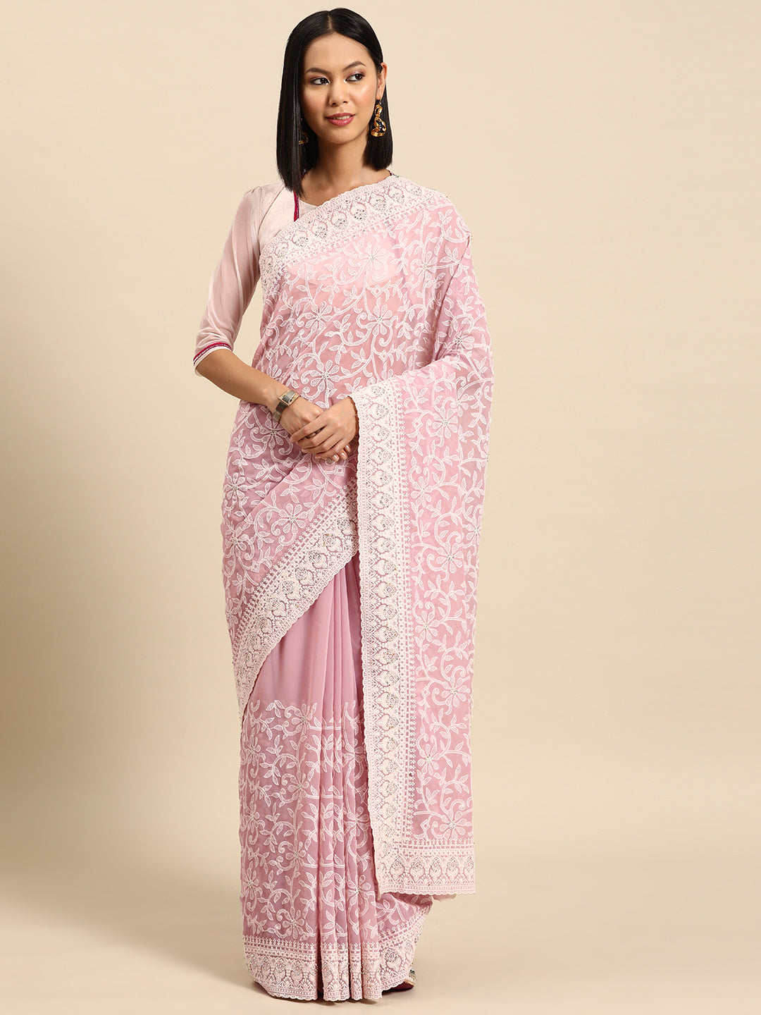 Summer Pink Thread Chicken Embroidered Georgette Party Wear Saree ...