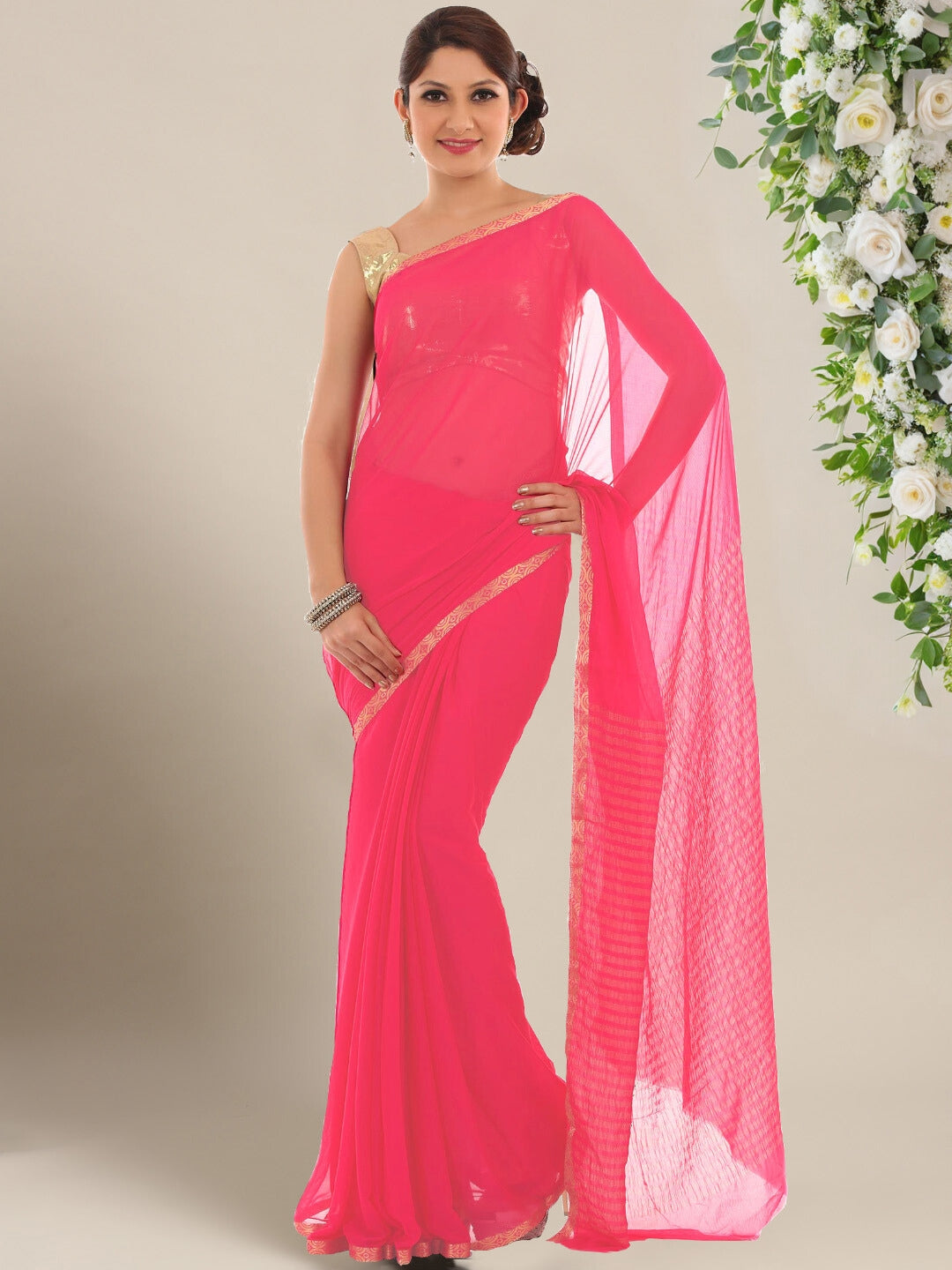 RTSY6918 Rani Pink Chiffon Solid Saree With Swarovski Work – Chhabra 555