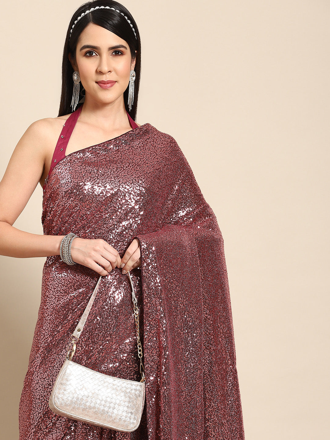 UTCF8172 Metallic Pink Sequin Embellished Bling Lycra Cocktail Saree ...