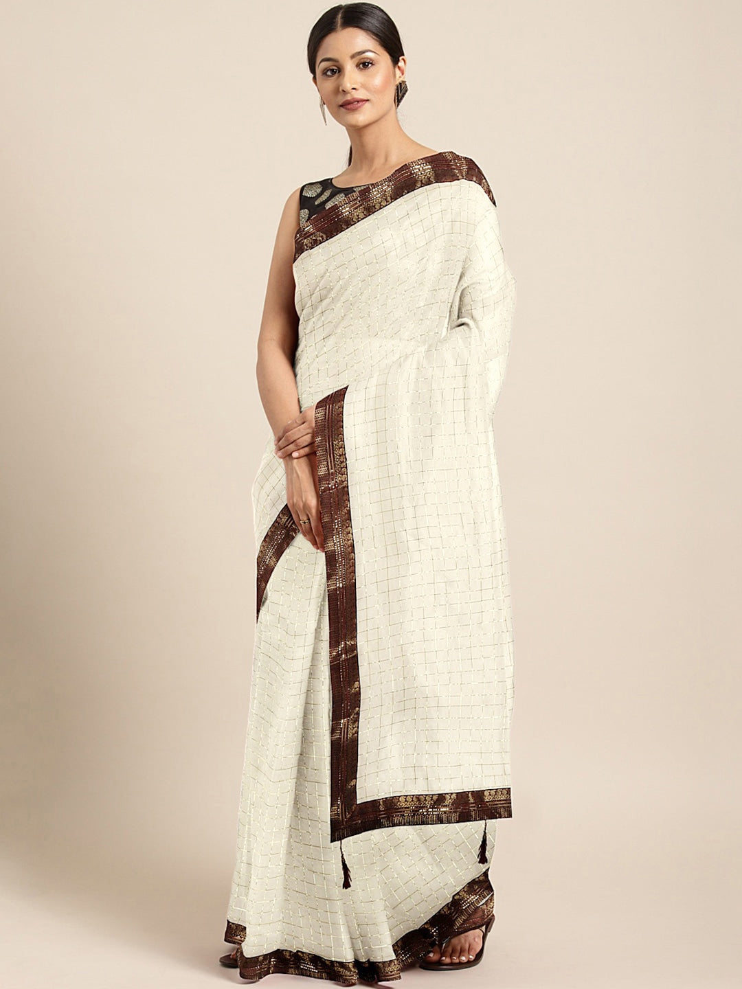 YLOR9920 Cream Banarasi Chanderi Checked Saree With Contrast Zari ...